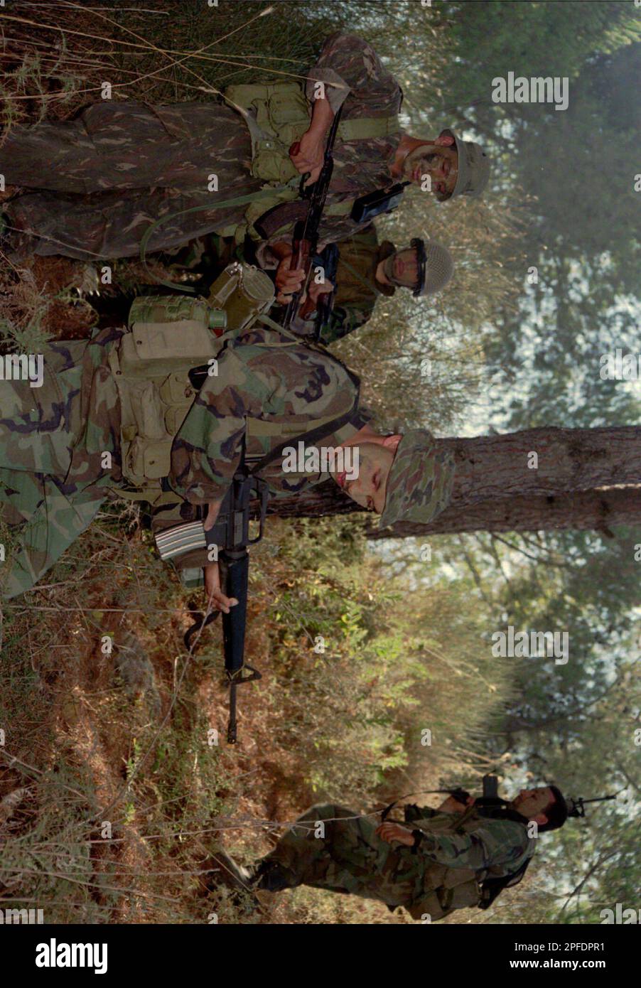 Four armed Shiite Muslim Hezbollah guerrillas in military camouflage ...