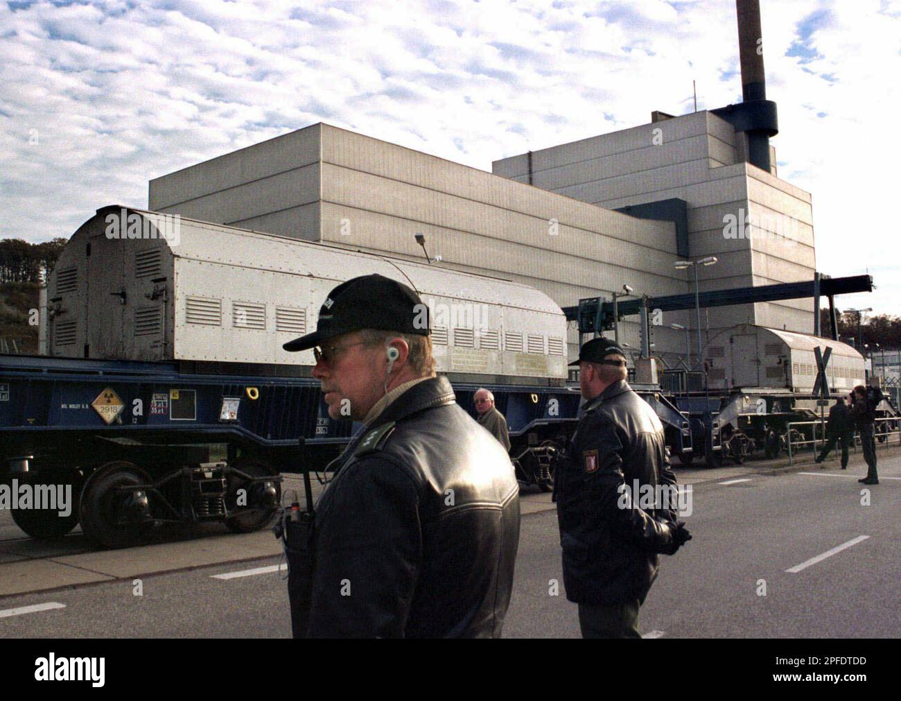 Trucks with atomic waste stand in front of the nuclear power station ...