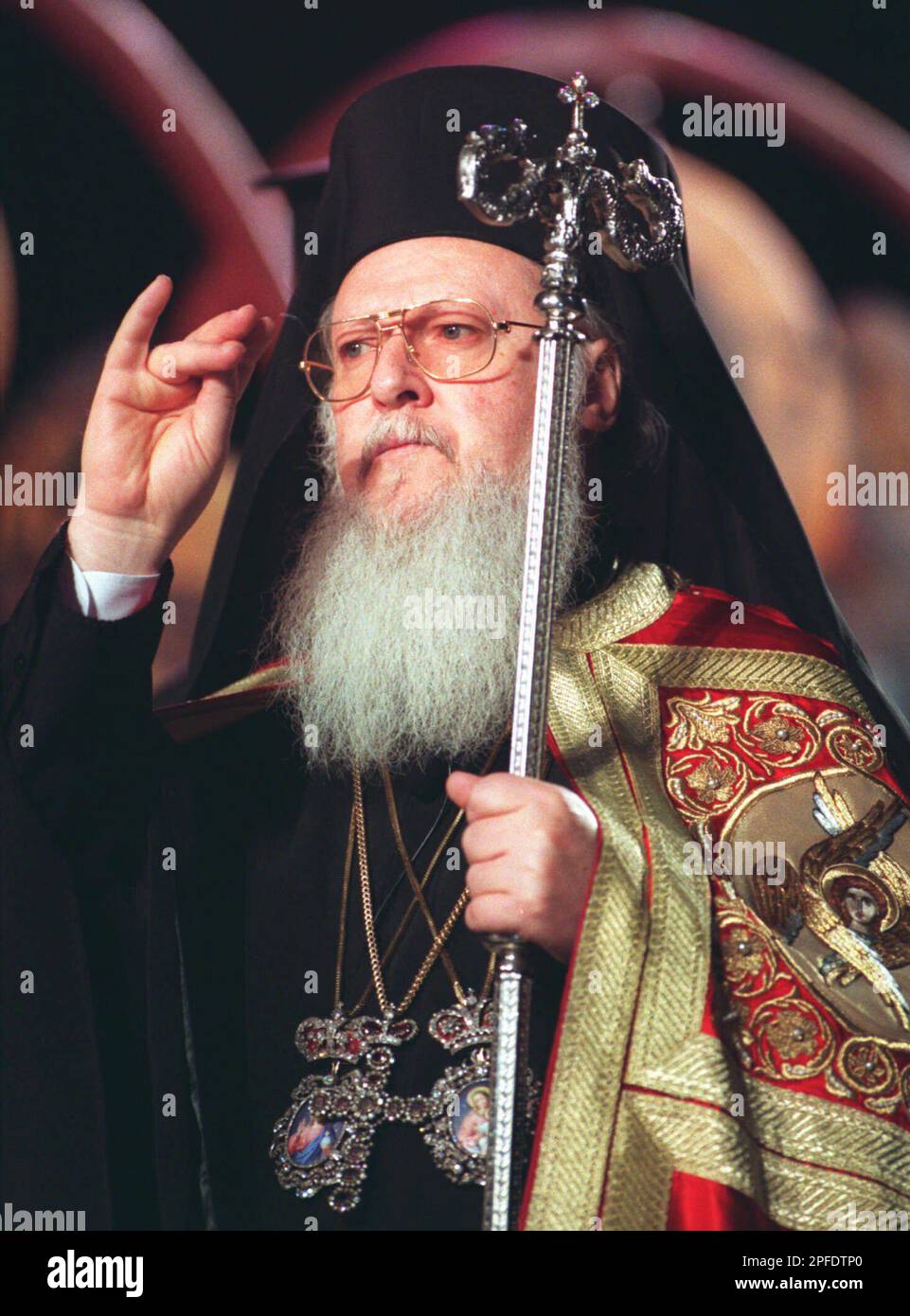 His All Holyness Ecumenical Patriarch Bartholomew I gestures during the ...
