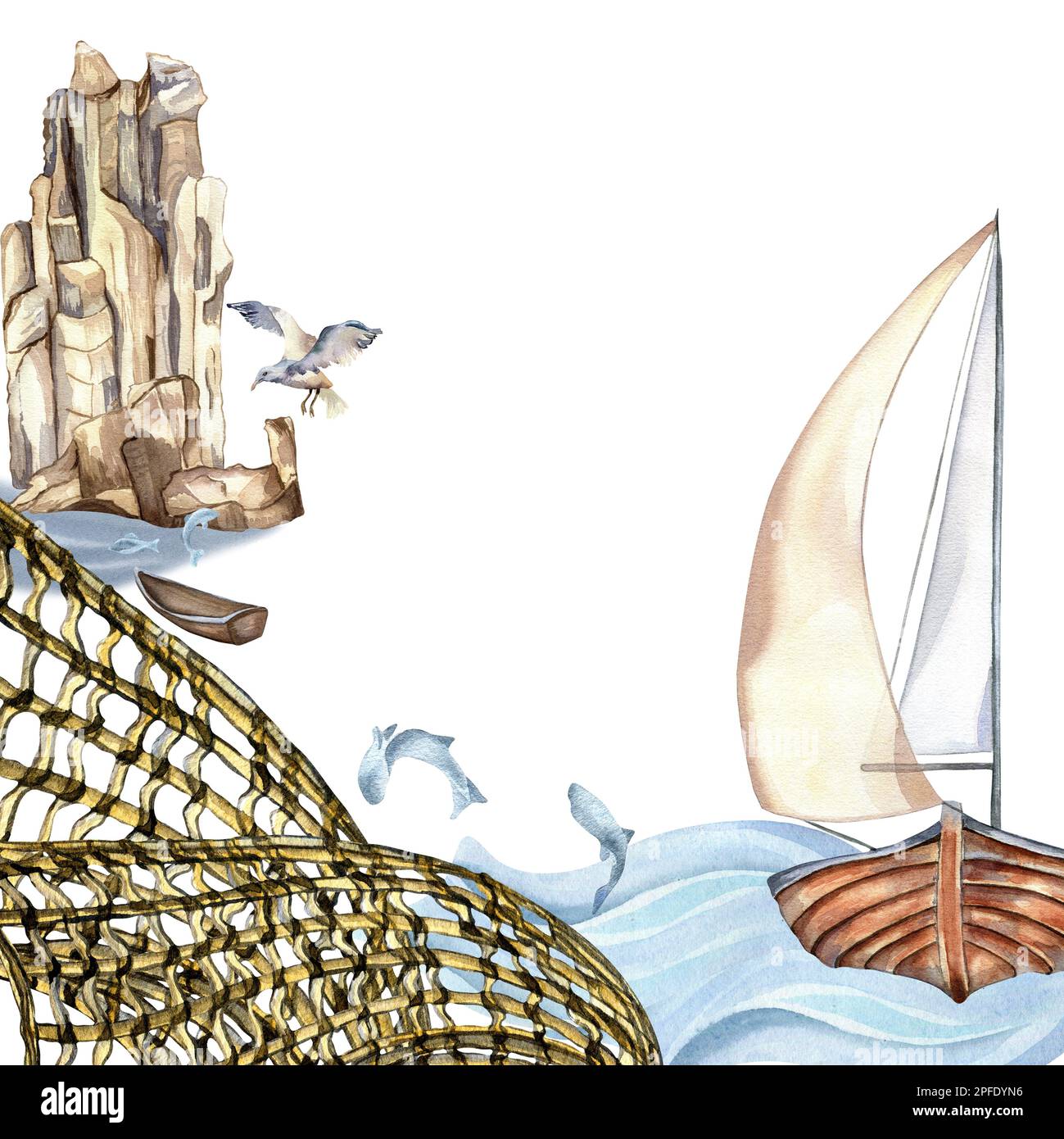 Composition of sailing ships, rocks vintage style watercolor ...