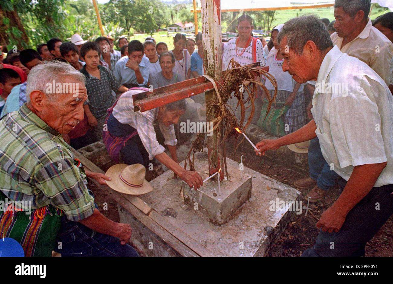 Villagers from the town of Panzos, Alta Verapaz, hold a traditional ...