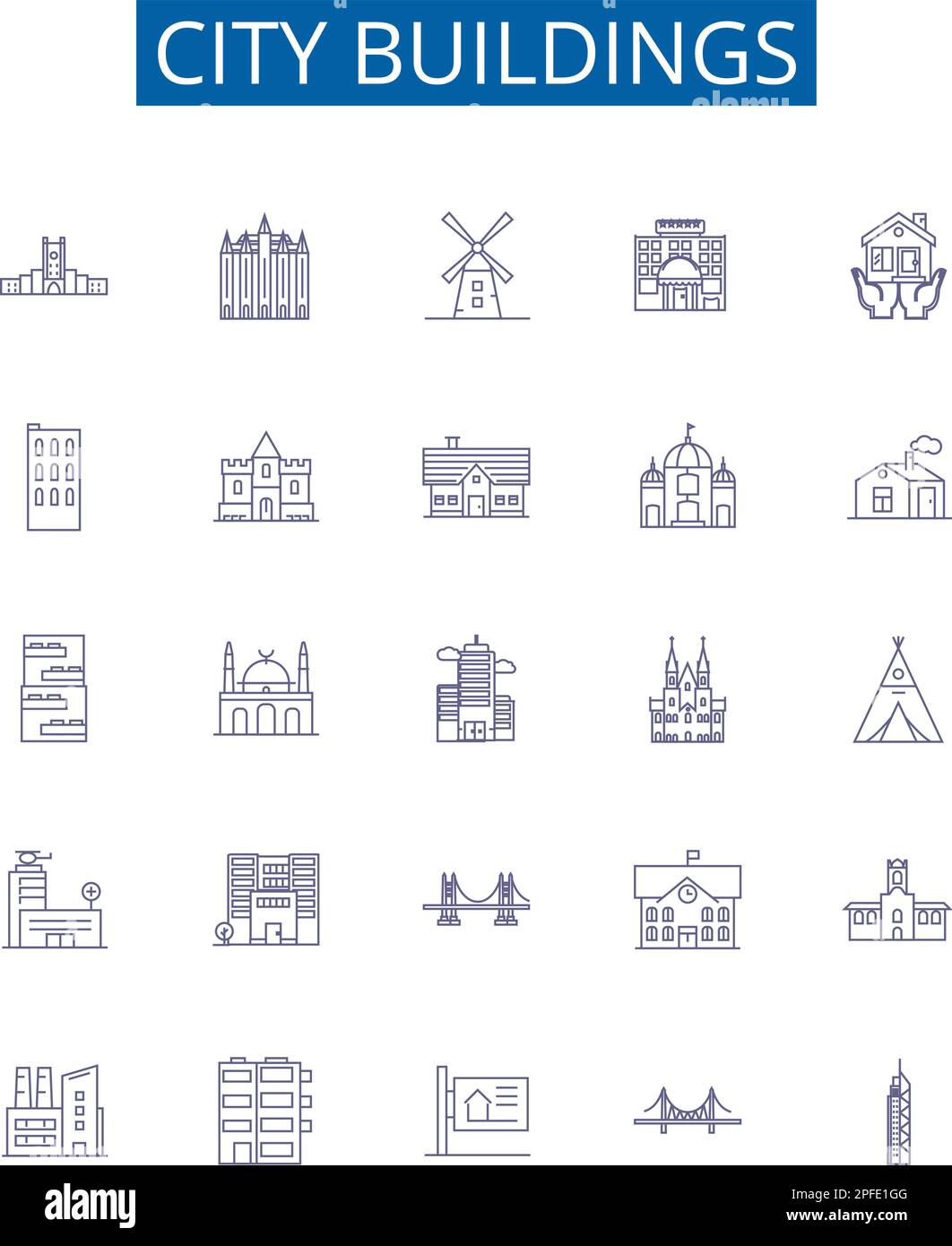 City buildings line icons signs set. Design collection of Skyscrapers, Towers, Complexes ...
