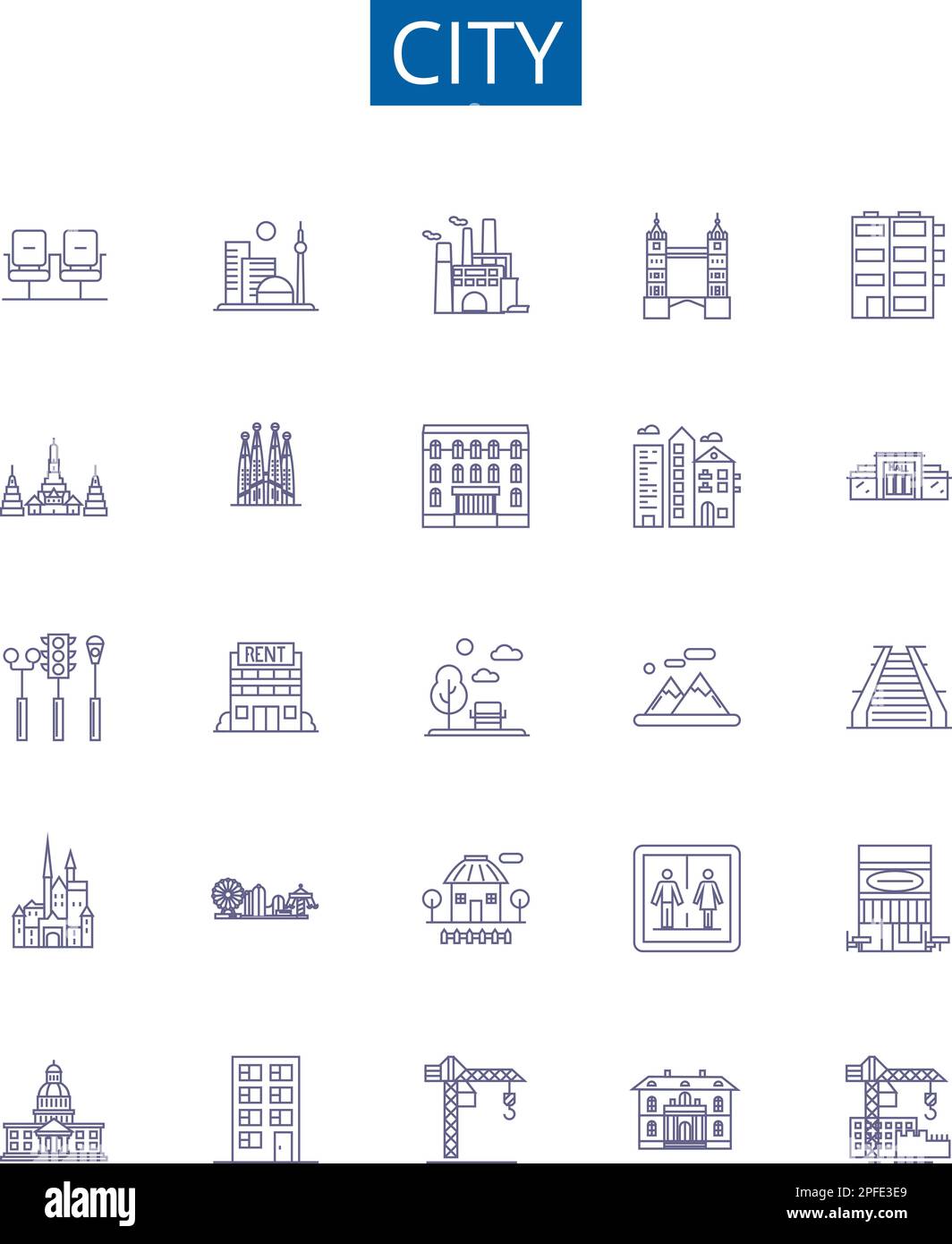 City line icons signs set. Design collection of urban, metropolis ...
