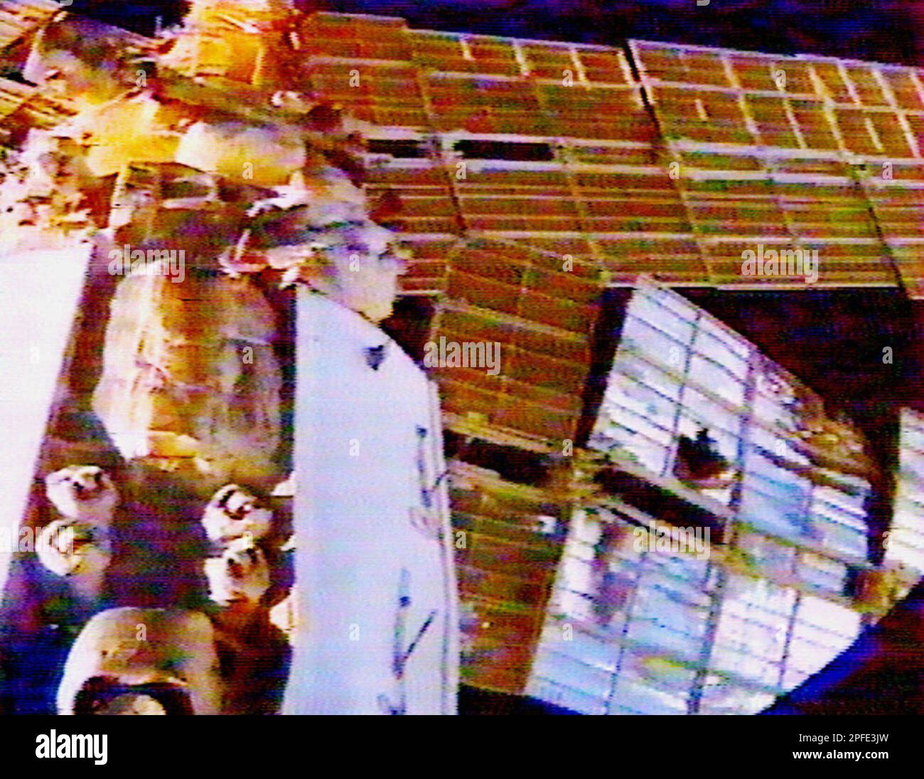 Damage to the Russian space station Mir is shown in this image from ...