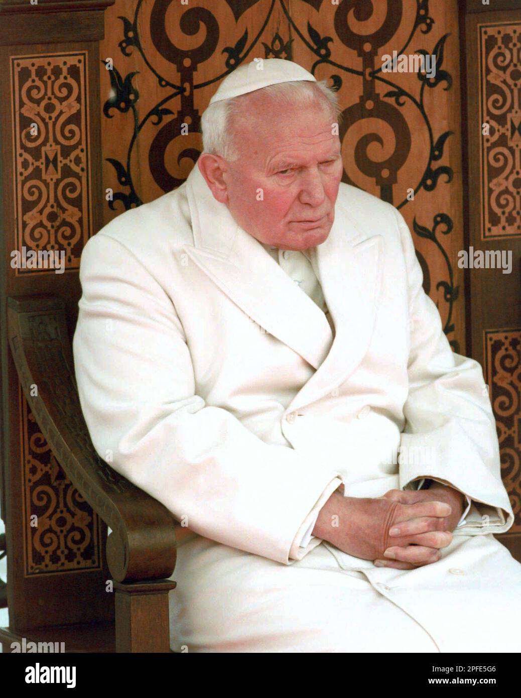 Pope John Paul II listens to welcome speeches upon his arrival in ...