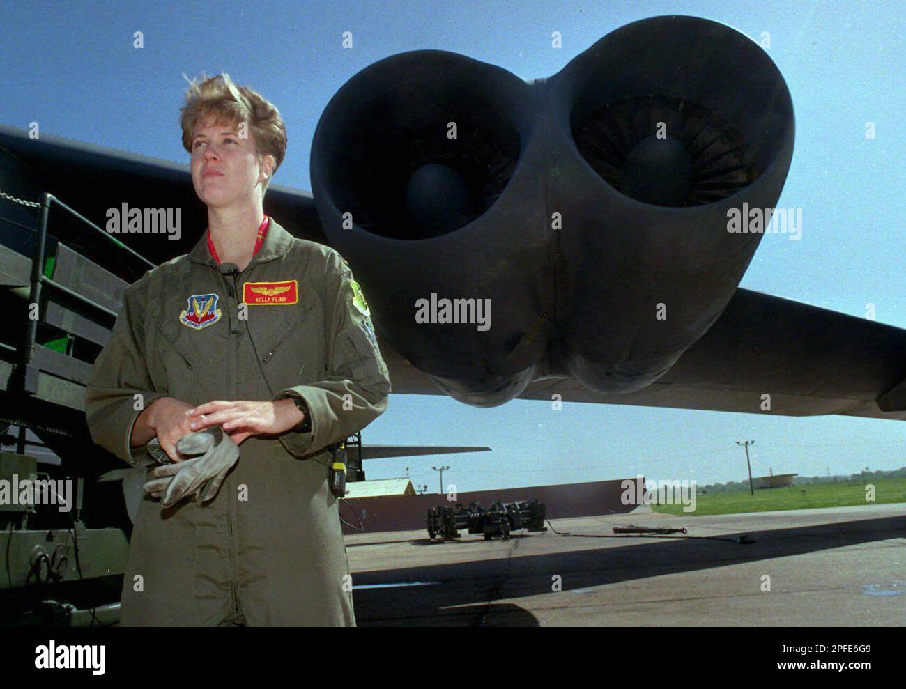 FILE--Lt. Kelly Flinn, the nation's first female bomber pilot, stands ...