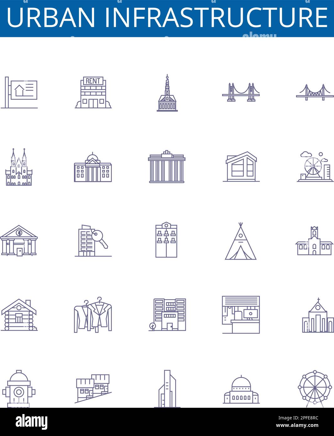 Urban infrastructure line icons signs set. Design collection of Cityscape, Roads, Bridges ...