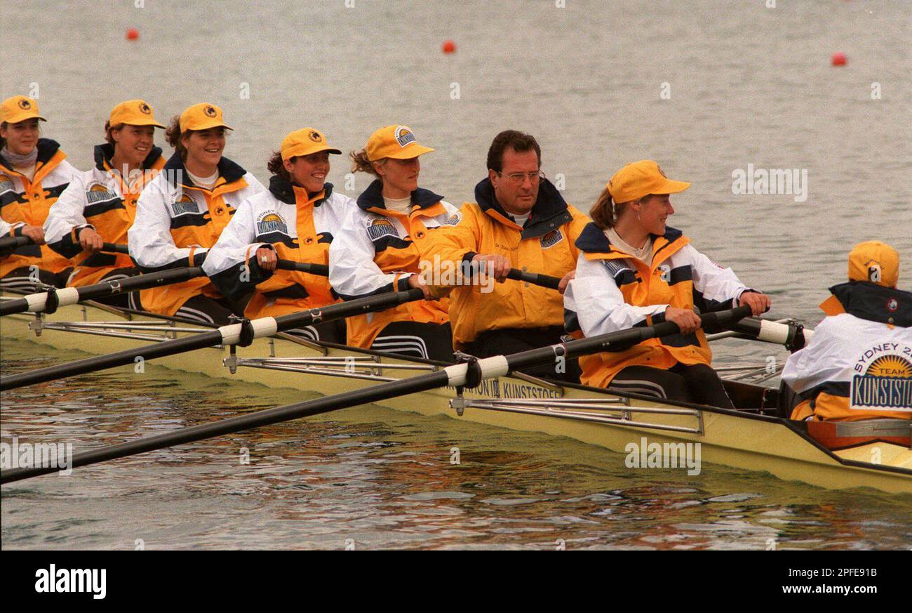 German Foreign Minister Klaus Kinkel, third from right, tries to row ...