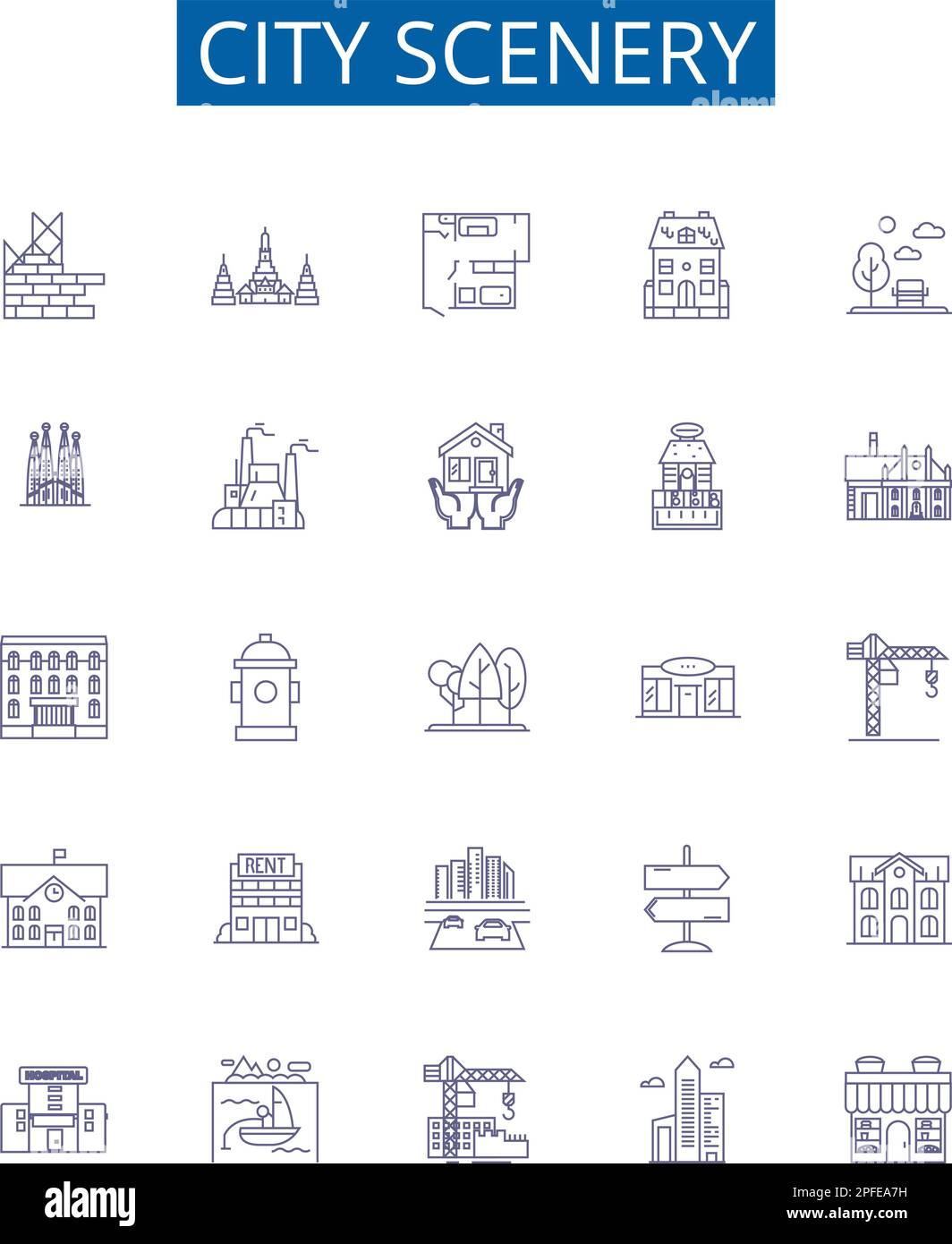 City scenery line icons signs set. Design collection of Urban ...