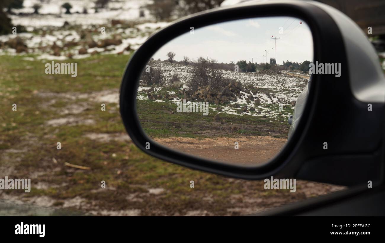 Winter in israeli North. Golan Heights covered with snow. Look in the ...