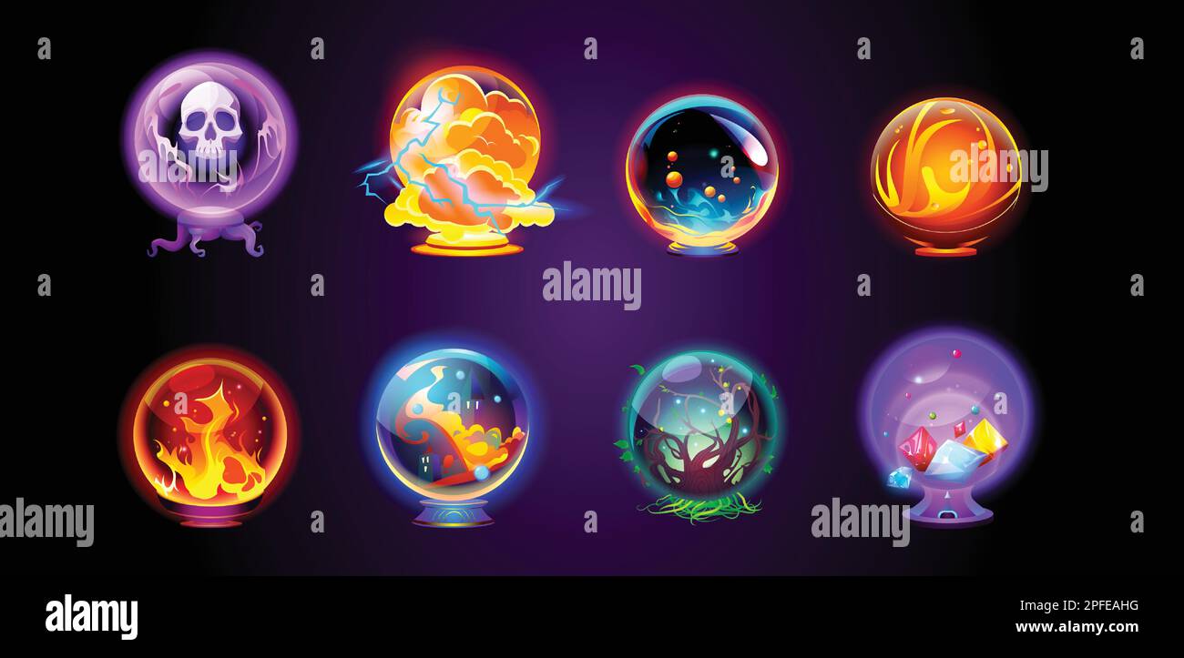 Magic crystal balls, energy orbs on stands. Game icons of fantasy ...