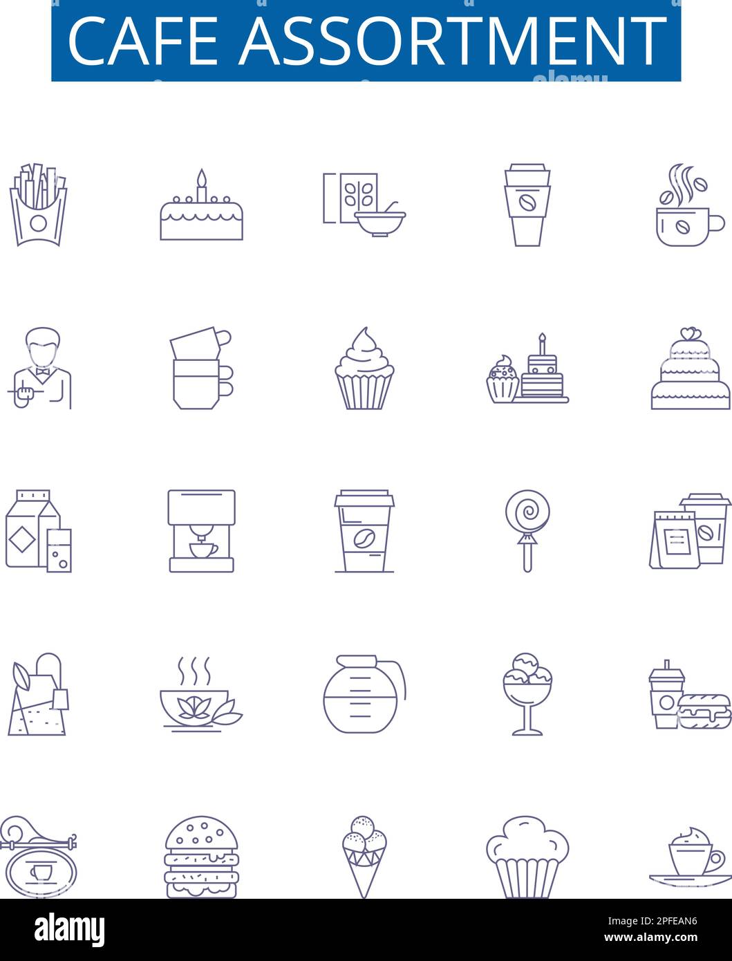 Cafe assortment line icons signs set. Design collection of Coffee, Tea, Latte, Espresso, Bagels ...