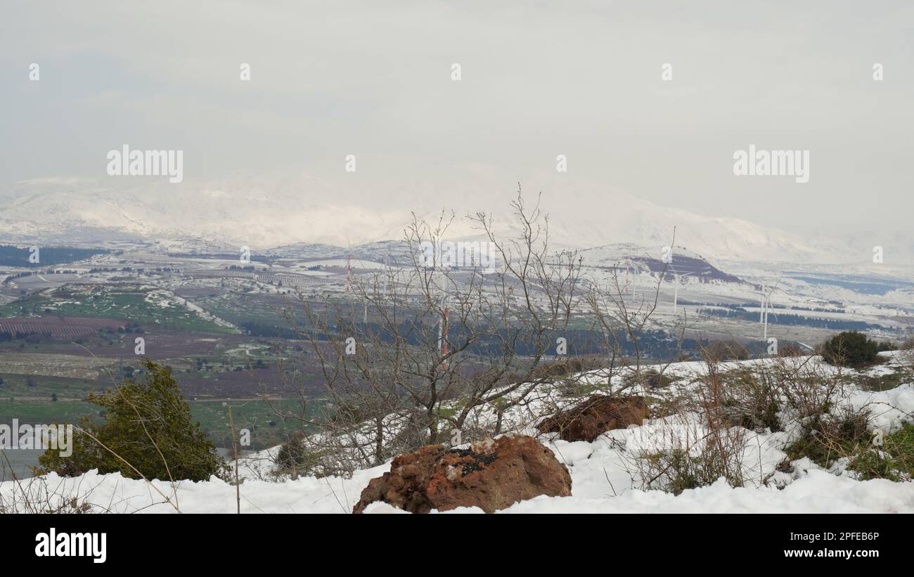 Winter in Israeli North. Golan Heights covered with snow Stock Photo ...