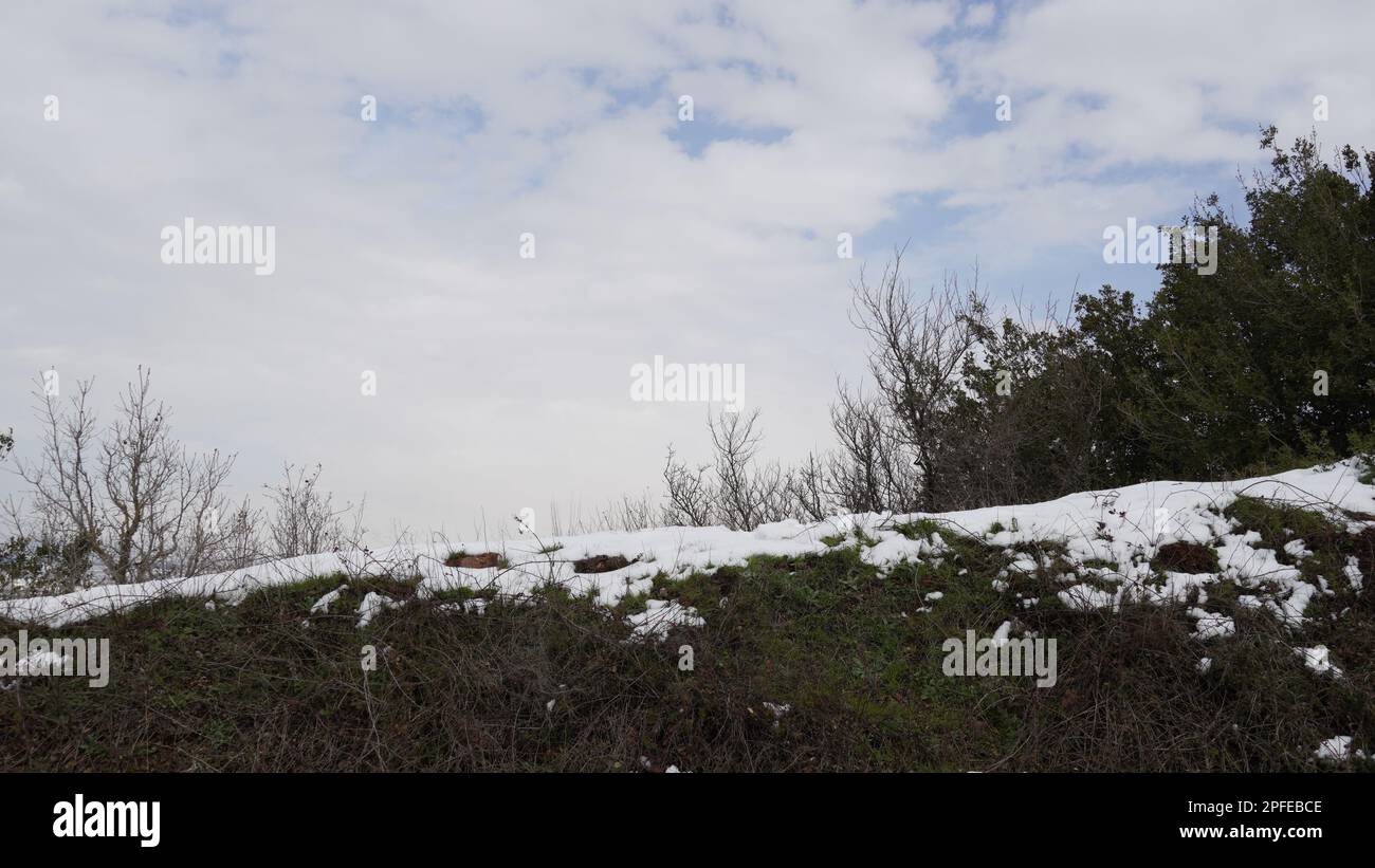 Winter in Israeli North. Golan Heights covered with snow Stock Photo ...