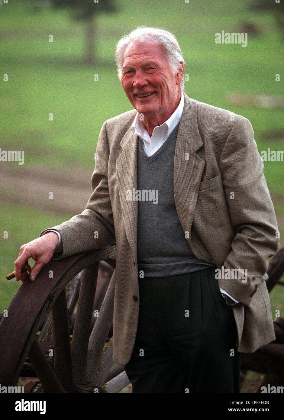 Jack Palance stands on his Tehachapi, Calif., ranch on a foggy Monday ...