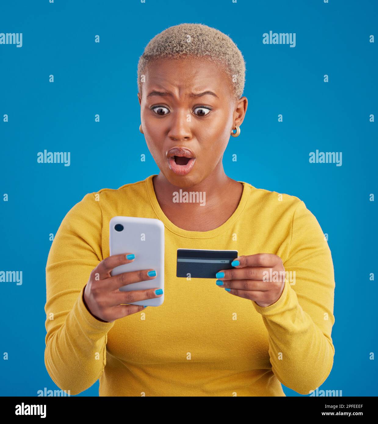 Credit card, phone and woman shocked for online shopping mistake, transaction fail or debt ...