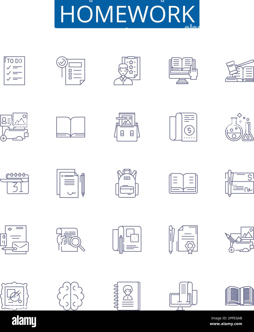 Homework line icons signs set. Design collection of Studies, Assignments, Exercises, Tasks ...