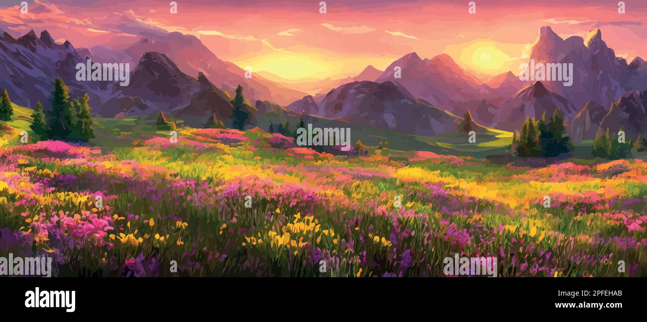 Panorama View of Spring Village with Green Meadow on Hills with Blue ... Panorama View of Spring Village with Green Meadow on Hills with Blue ...