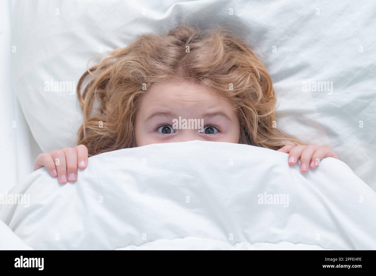 Scared boy hiding in bed. Kid under covers, face cover with blanket ...
