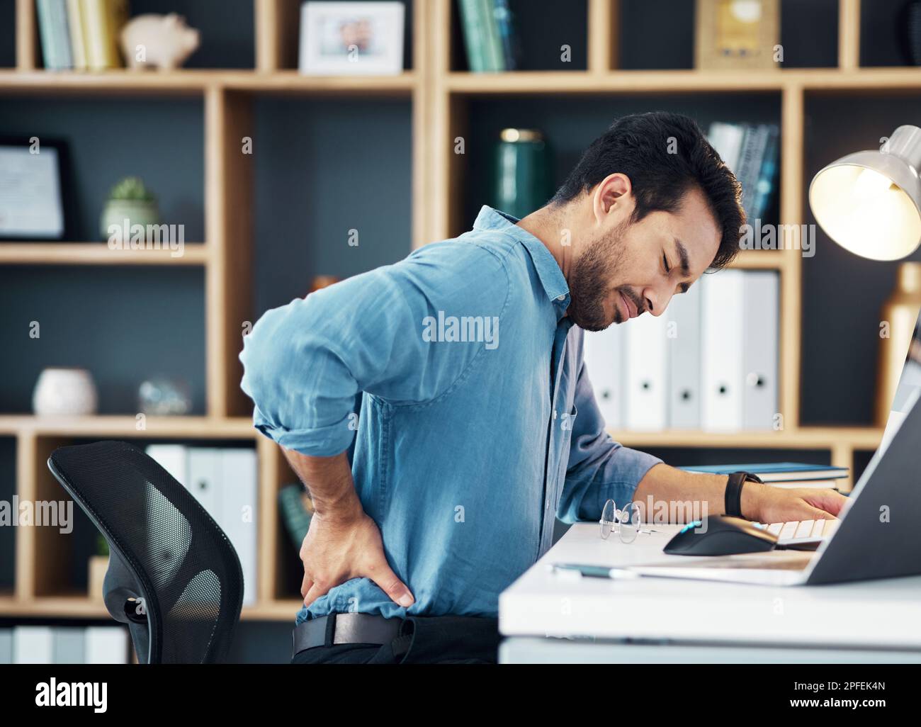 Back pain, business man and office stress of muscle injury, health risk ...