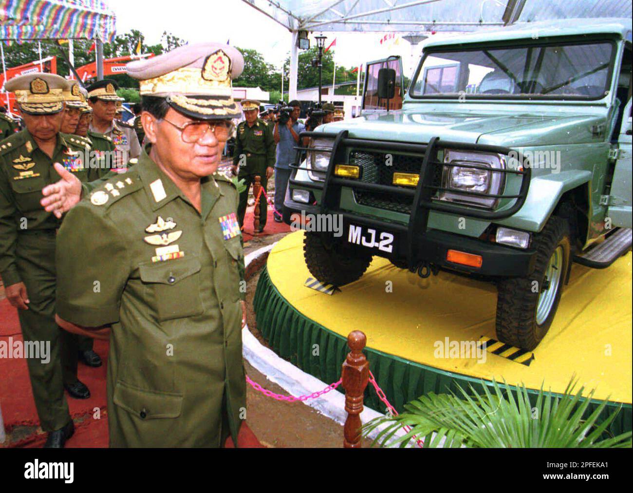 Burmese Gen. Than Shwe inspects a new production of the Myanmar Jeep ...