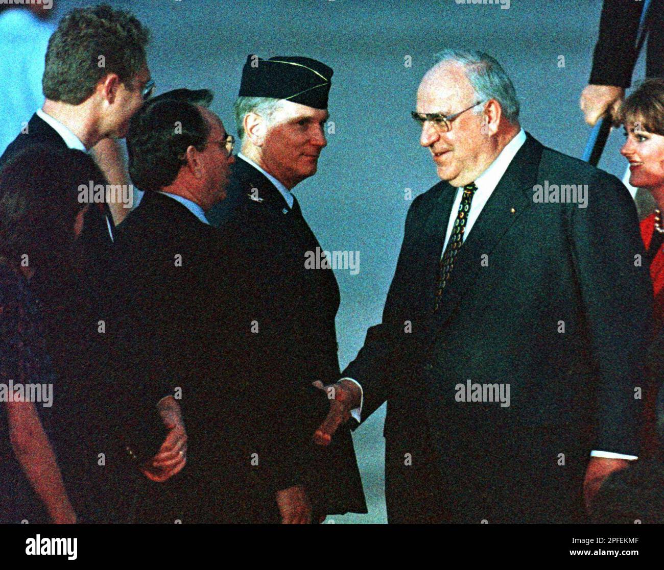 German Chancellor Helmut Kohl, right, is greeted at General Mitchell ...