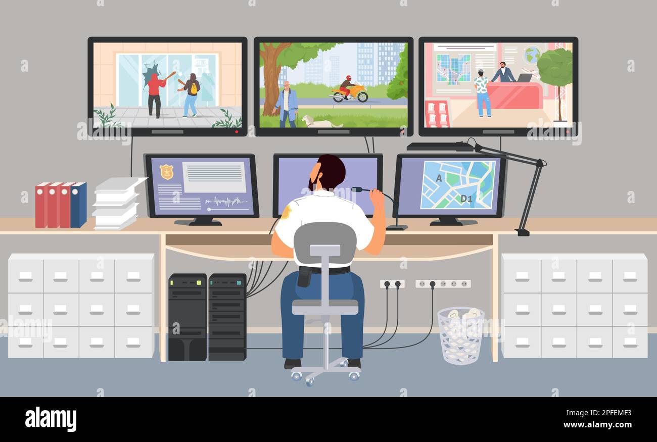 Vector security service police worker sitting control room Stock Vector ...