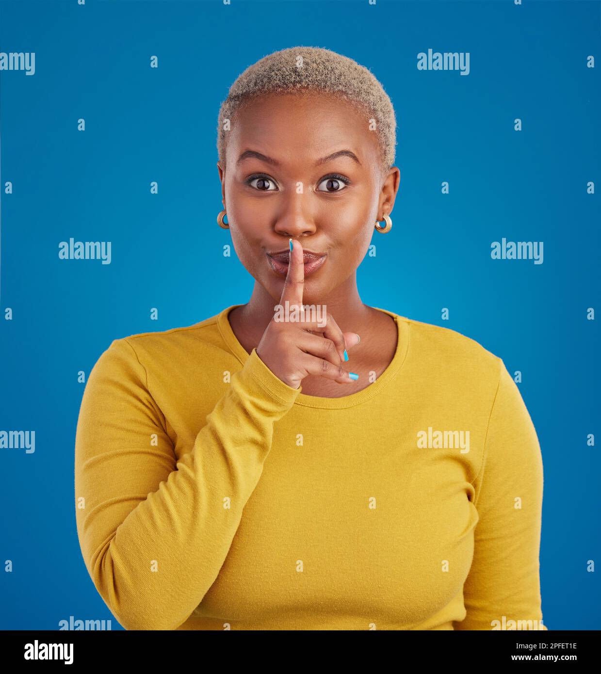 Shush, secret and portrait of black woman in studio for secret ...