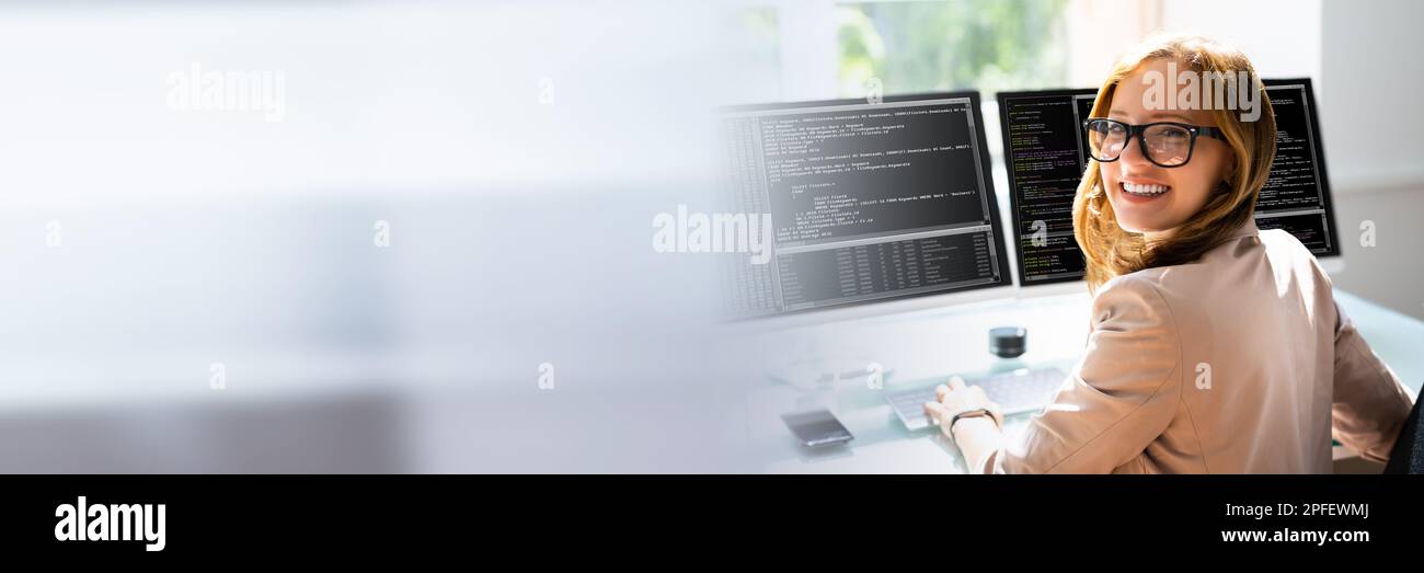 Programmer Woman Coding On Computer. Coder Girl Stock Photo - Alamy