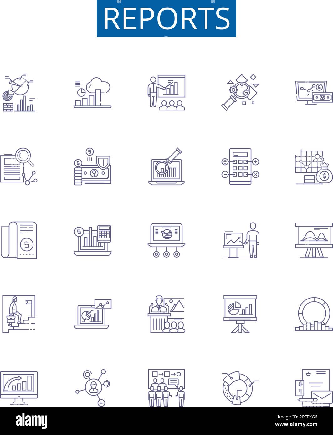 Reports line icons signs set. Design collection of Records, Surveys ...