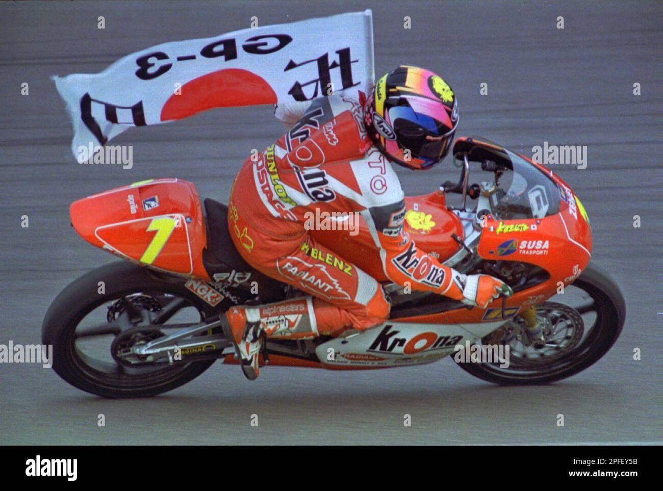 Kazuto Sakata, winner of 125cc in Czech Grand Prix in Brno holds the ...