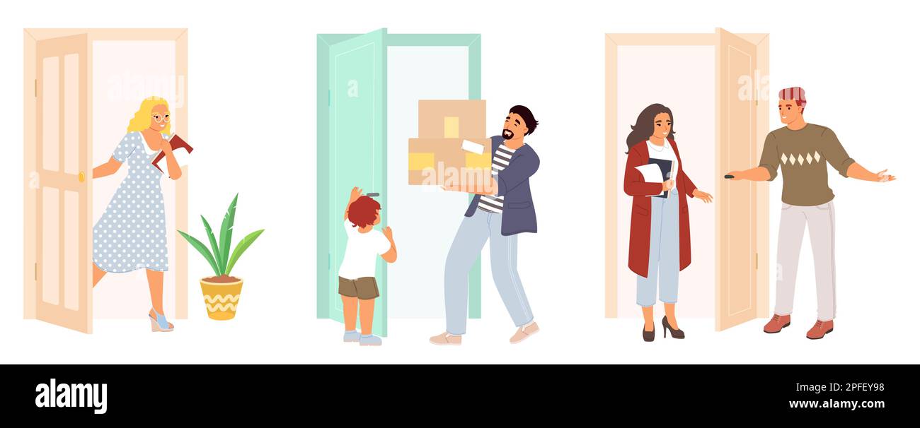 Vector people come in and out of doors scene set Stock Vector Image ...