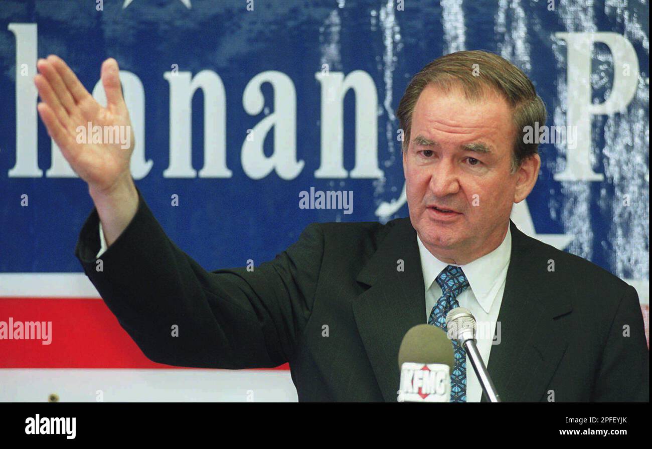 Republican presidential contender Pat Buchanan speaks during a news ...