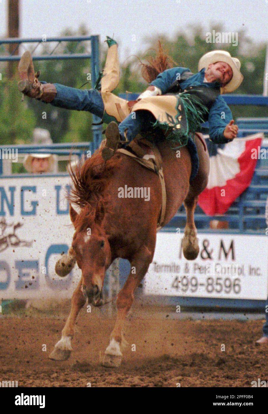 Travis McClenaghan, of Ramona, Calif., competes in the bareback ...