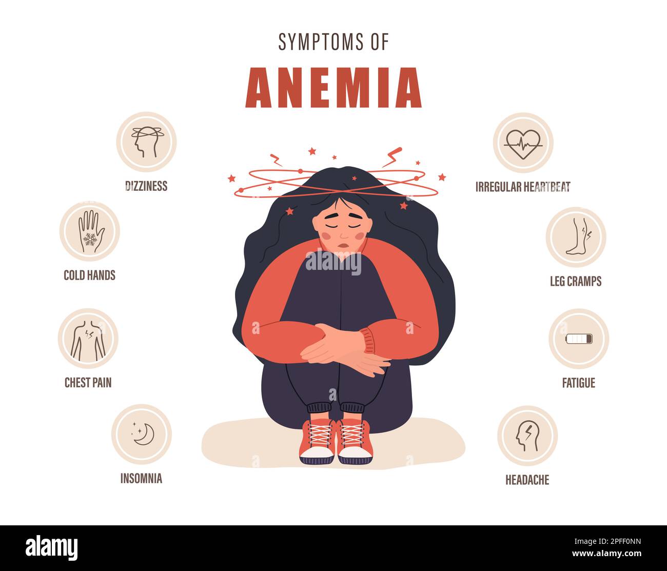 Symptoms of anemia. Unhappy girl suffers from vertigo. Headache ...