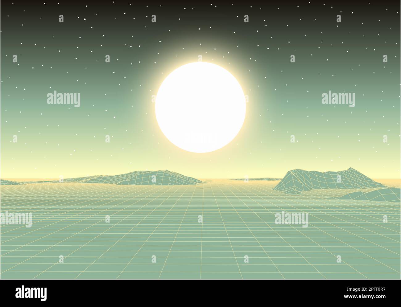 Retro futuristic landscape with mountains and sun in deep space. 80s ...