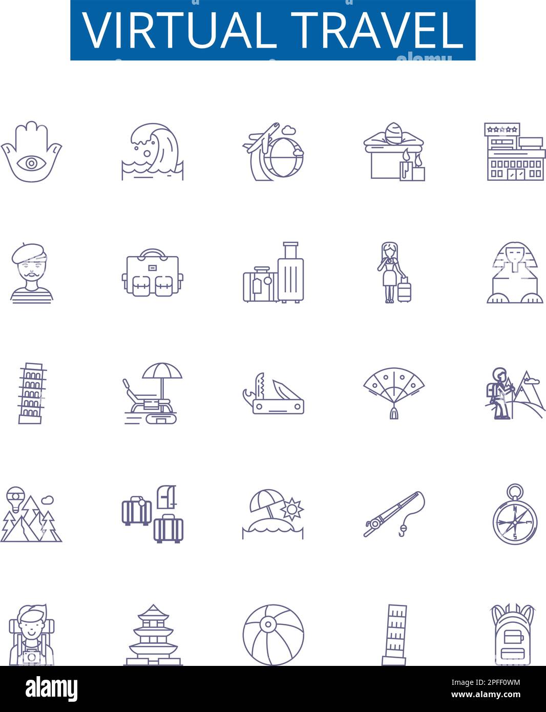 Virtual travel line icons signs set. Design collection of Virtual ...