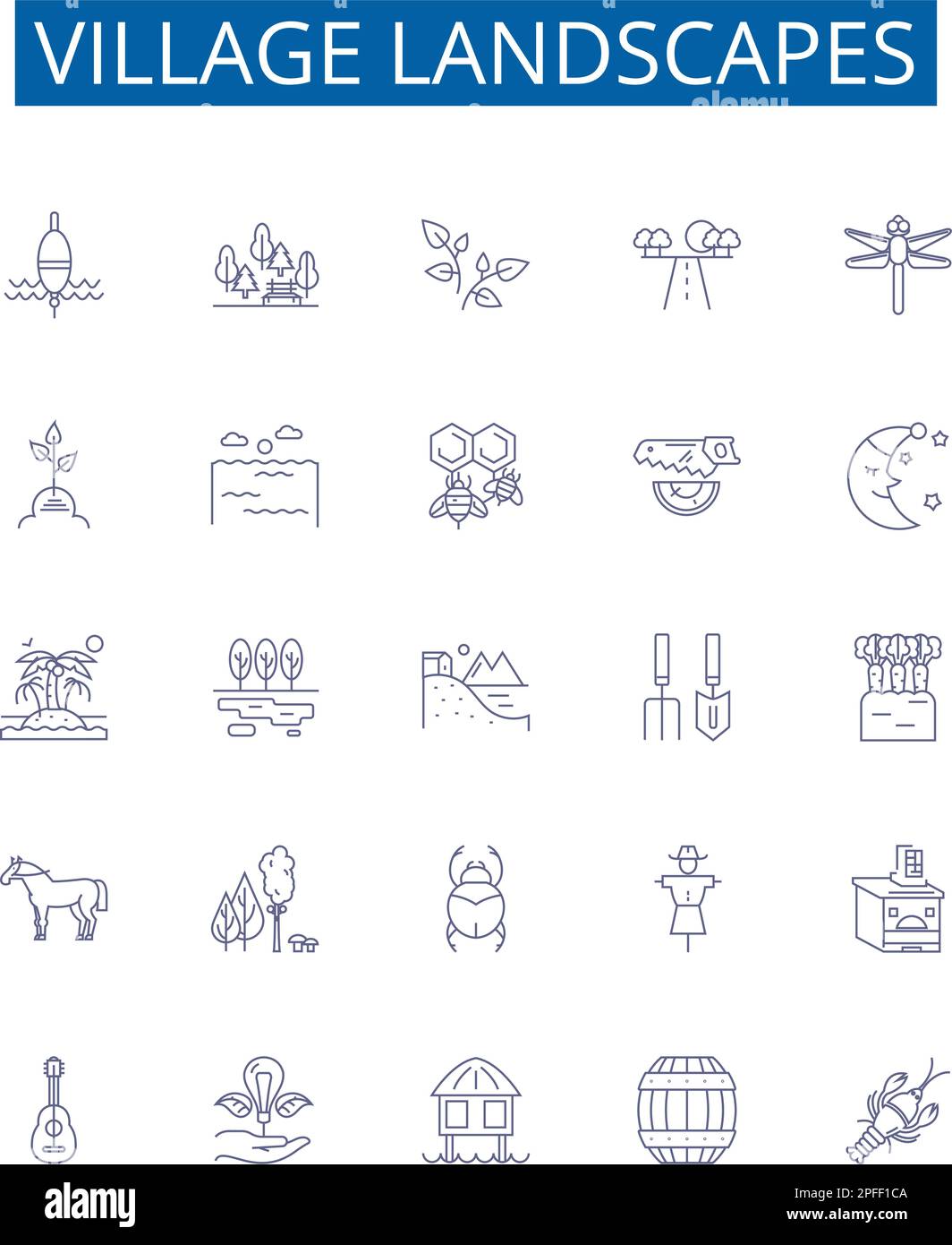 Village landscapes line icons signs set. Design collection of Village ...