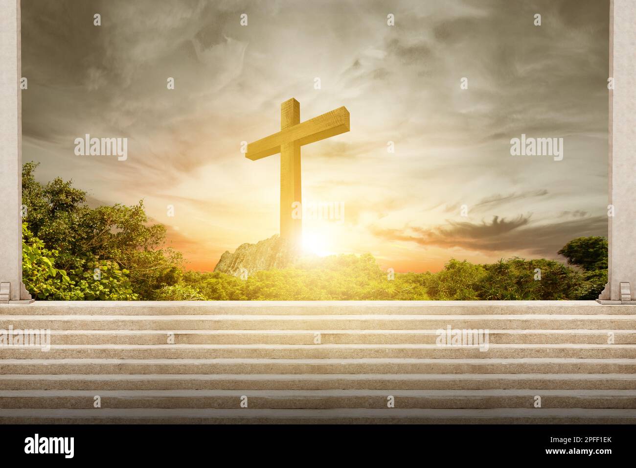 Christian Cross on the field with sunset sky background Stock Photo - Alamy