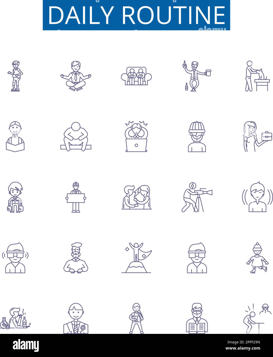 Daily routine line icons signs set. Design collection of Wake, Eat ... Daily routine line icons signs set. Design collection of Wake, Eat ...