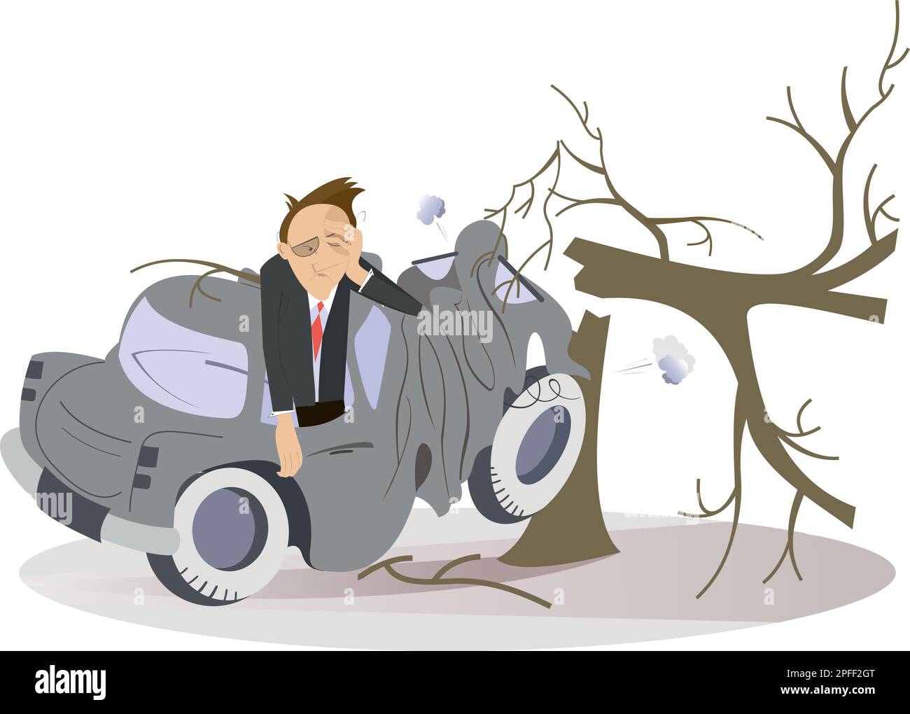 Car smashed into a tree. Man in the crashed car smashed into a tree ...