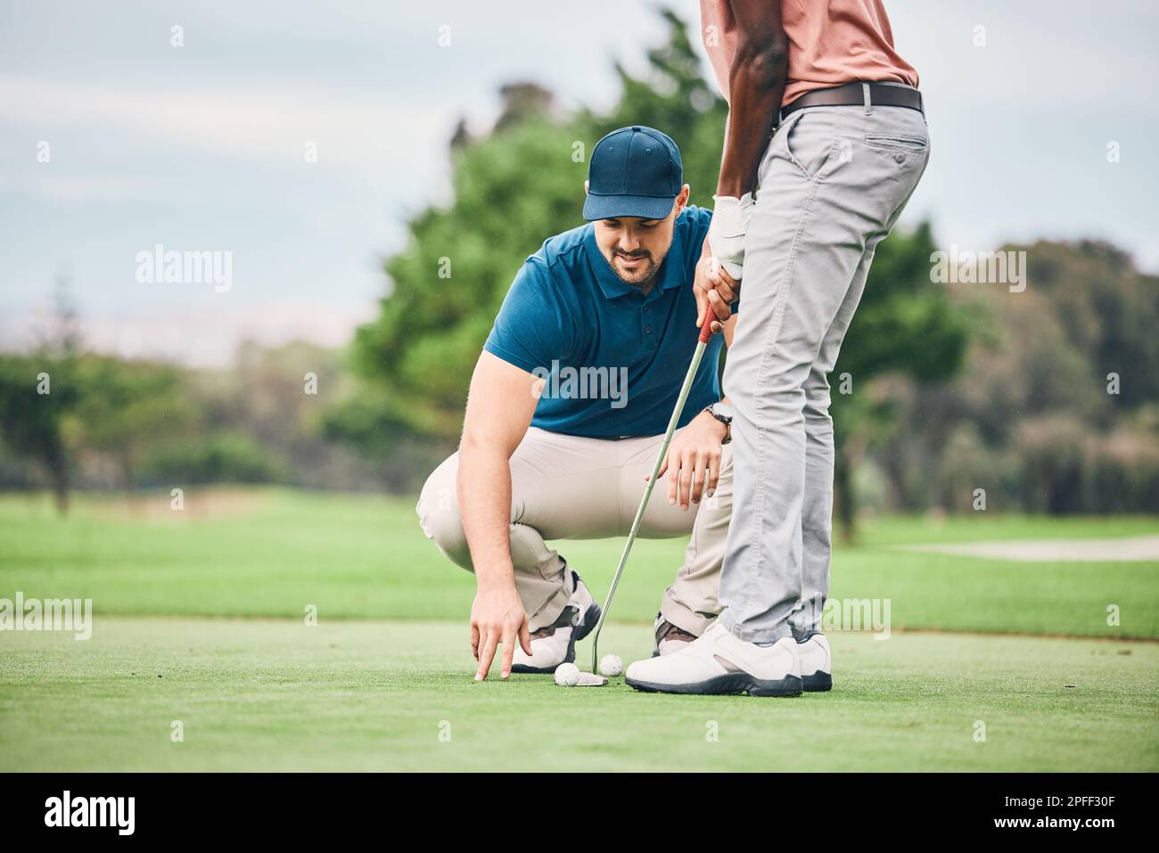 Teaching, golf lesson and sports coach help man with swing, putter and ...