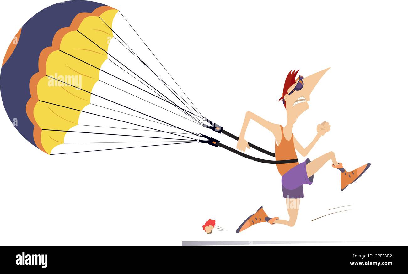 Hard training runner. Parachute Cartoon running man drags a parachute ...