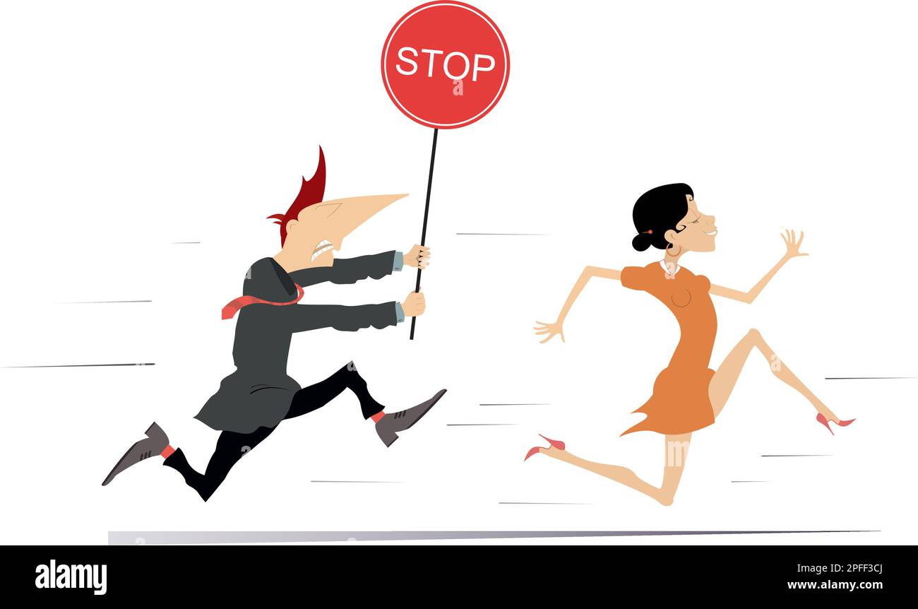 Young woman runs away from the man. Upset man holding banner stop ...