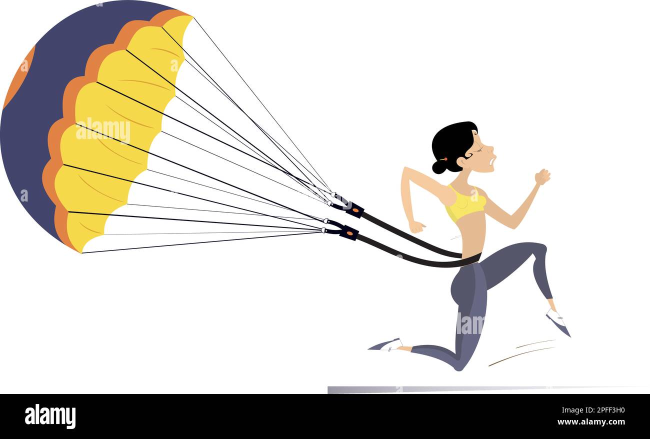 Hard training runner woman. Cartoon running woman drags a parachute ...