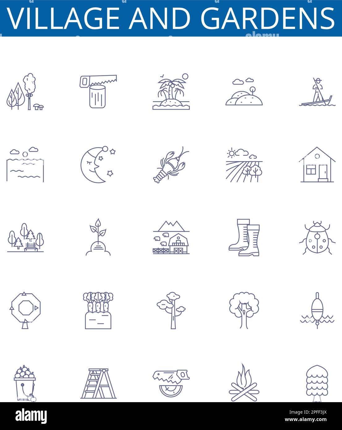Village and gardens line icons signs set. Design collection of Village ...