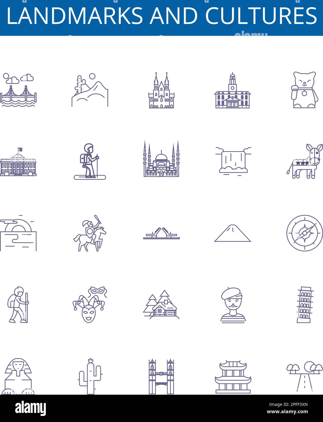 Landmarks and cultures line icons signs set. Design collection of Landmarks, Cultures, Heritage ...