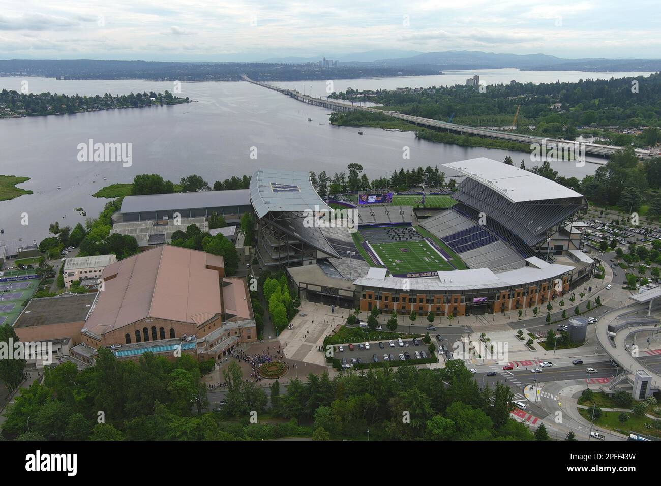 A general overall aerial view of Husky Stadium and Hec Edmundson ...