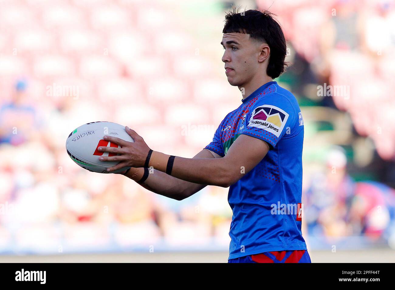 Ryan Rivett of the Knights warms up before the NRL Round 3 match ...