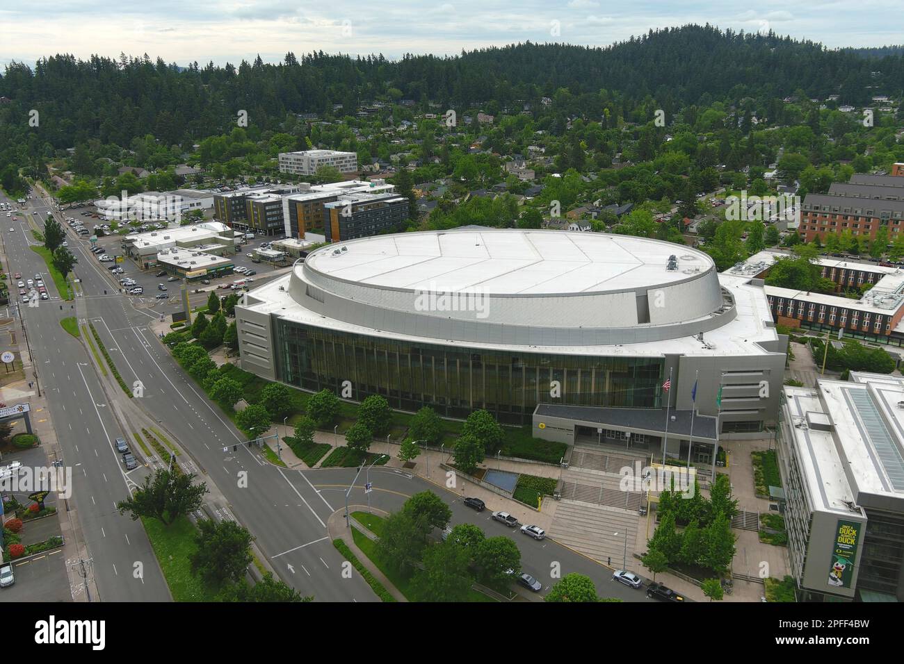 A general overall aerial view of Matthew Knight Arena on the campus of ...